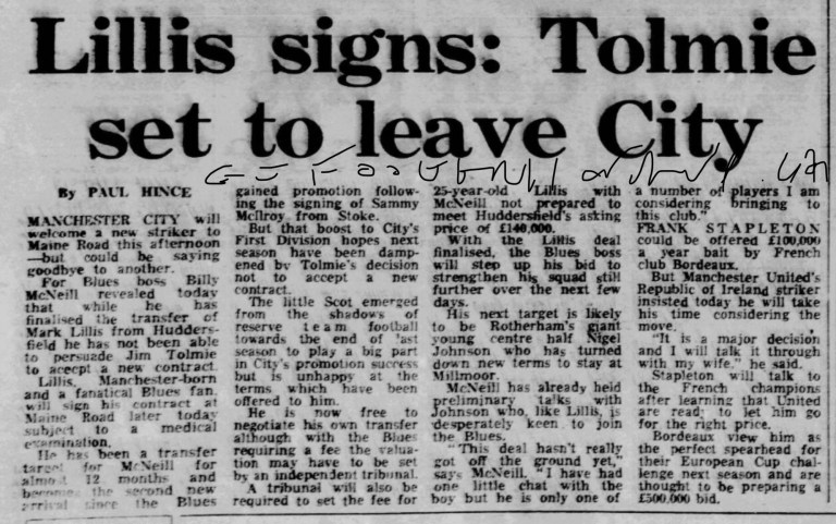 The 1980s: Mark Lillis Signs – Gary James' Football Archive